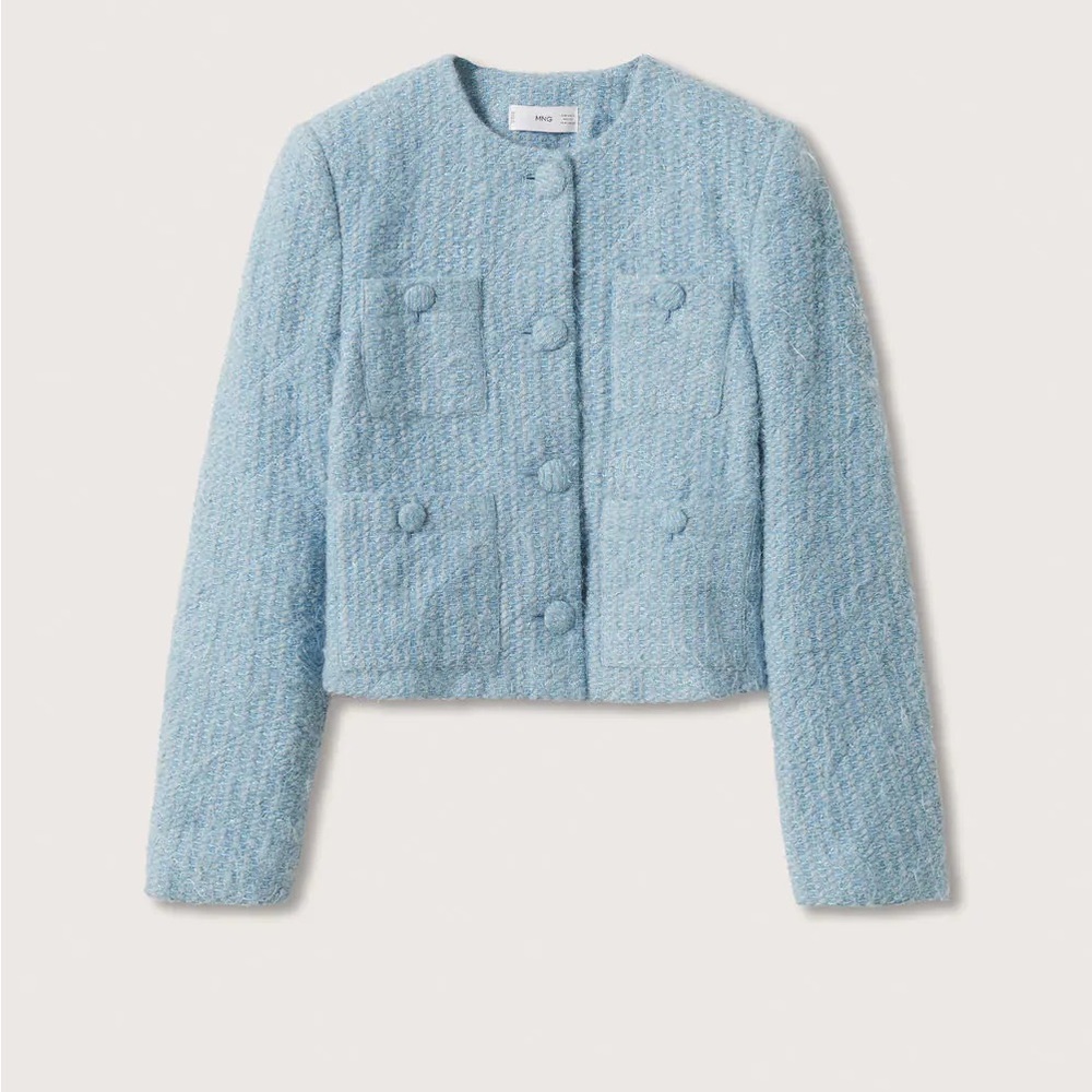 Mango Light Blue Tweed Jacket With Buttons Xs - Gem
